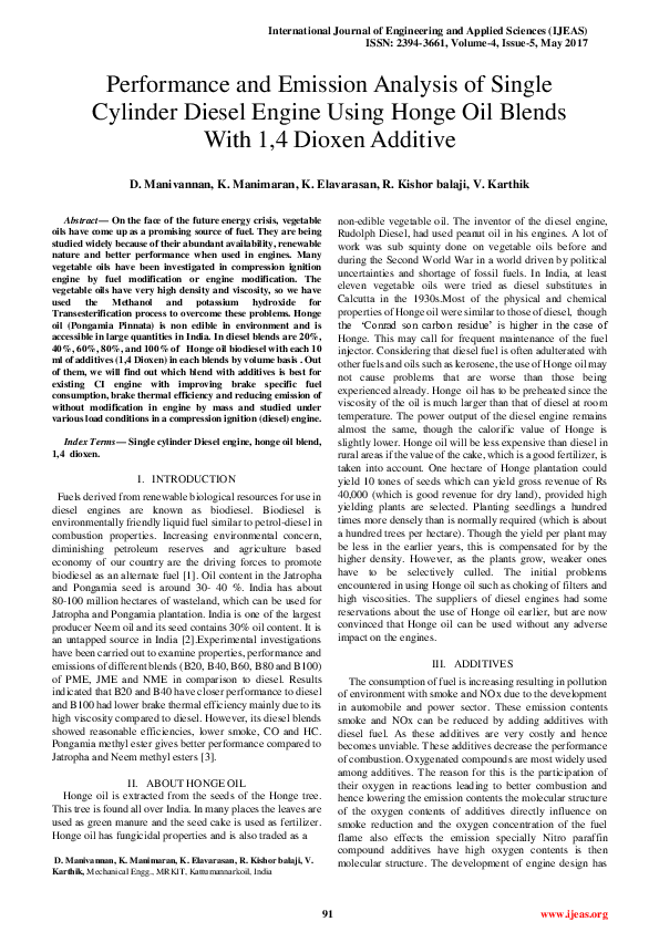 (PDF) Honge Oil Biodiesel Blends in Diesel Engines