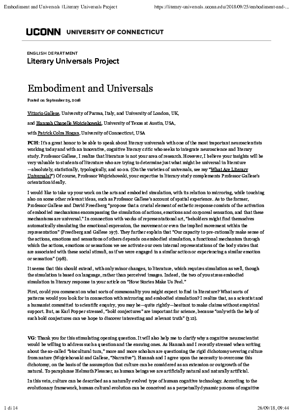 (PDF) Interview on Embodiment and Literary Universals. With Patrick ...