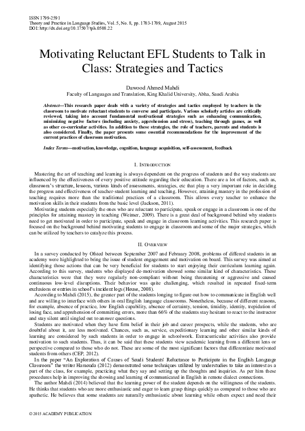 (PDF) Motivating Reluctant EFL Students to Talk in Class: Strategies ...