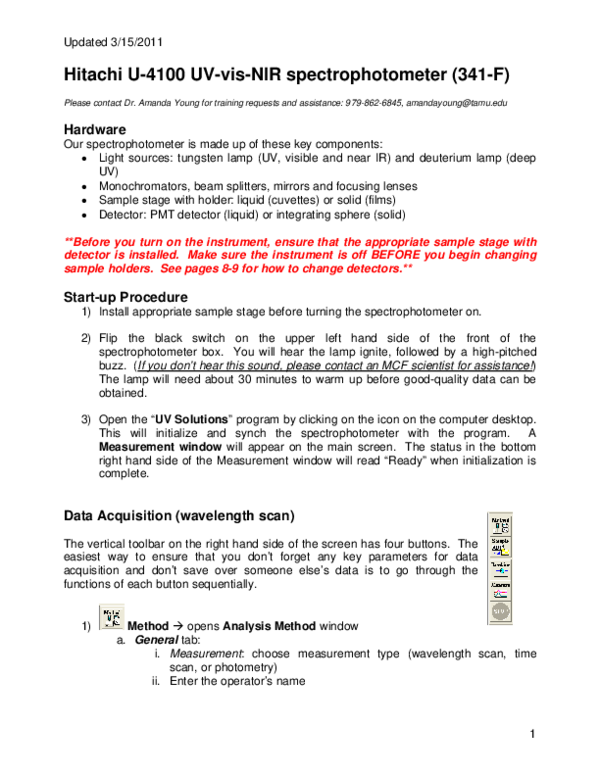 (PDF) Hitachi U-4100 UV-vis-NIR spectrophotometer (341-F) Start-up ...
