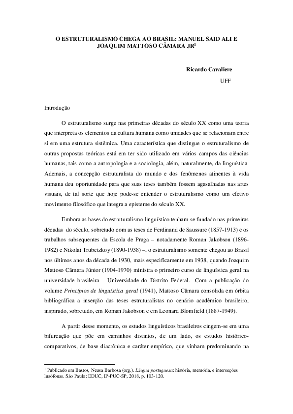 (PDF) O ESTRUTURALISMO CHEGA AO BRASIL: MANUEL SAID ALI E JOAQUIM ...