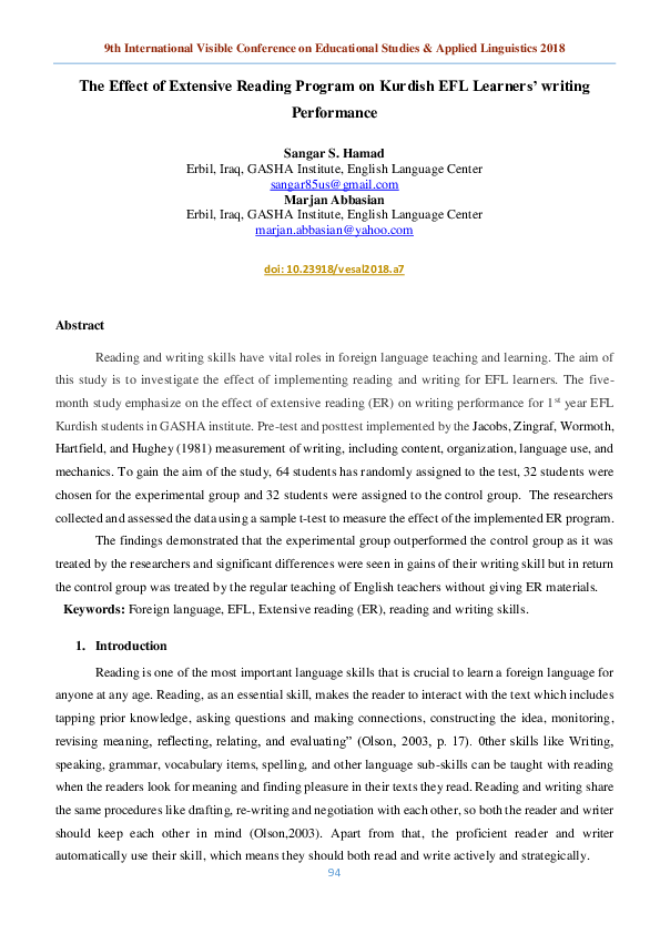 Pdf The Effect Of Extensive Reading Program On Kurdish Efl Learners Writing Performance