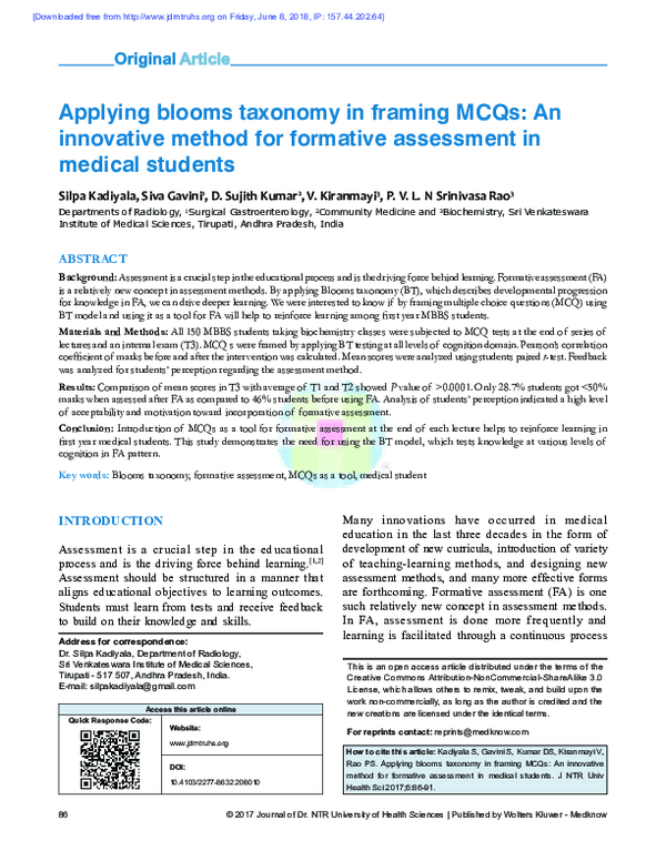(PDF) Applying blooms taxonomy in framing MCQs: An innovative method ...