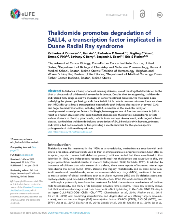 (PDF) Thalidomide promotes degradation of SALL4, a transcription factor ...