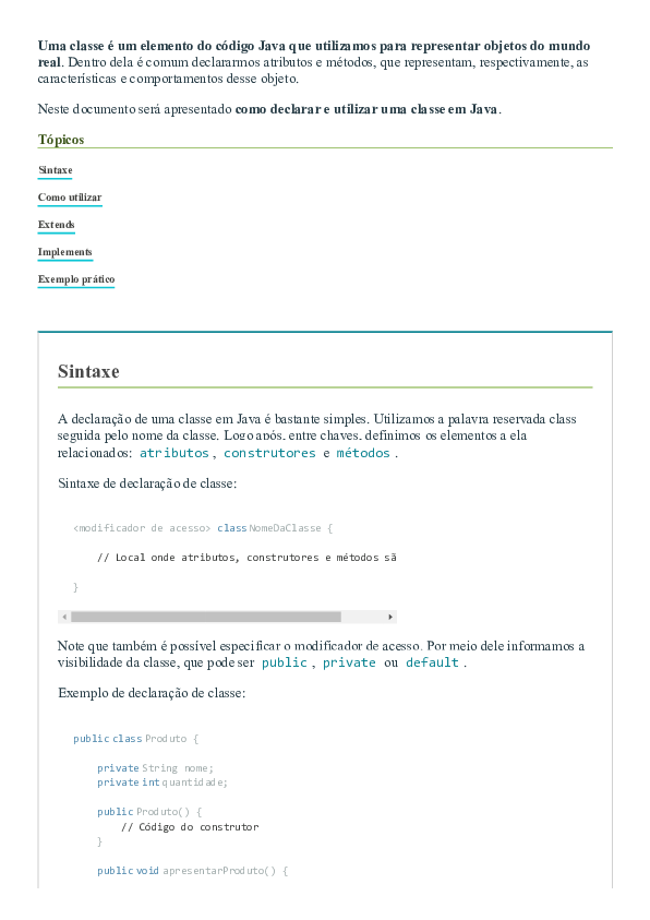 (PDF) Declaracao e utilizacao de classes no Java | Gabriel henrique ...