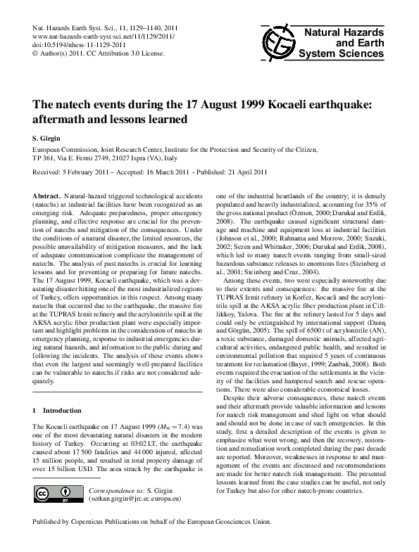 (PDF) The natech events during the 17 August 1999 Kocaeli earthquake ...