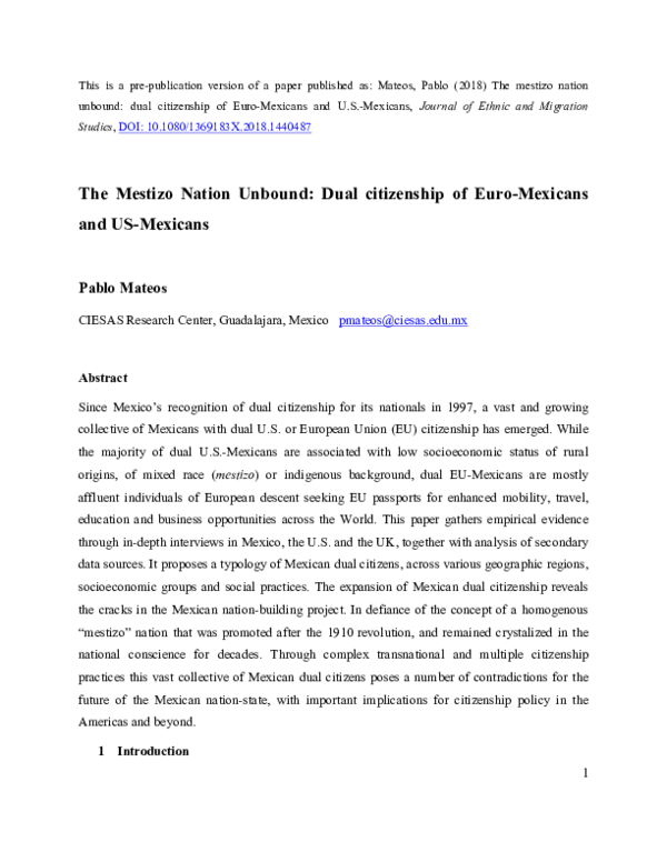 (PDF) The Mestizo Nation Unbound: Dual citizenship of Euro-Mexicans and US-Mexicans
