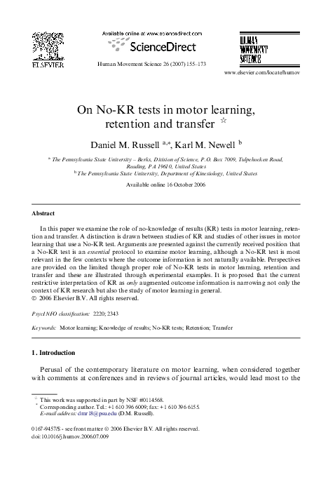 (PDF) On No-KR tests in motor learning, retention and transfer