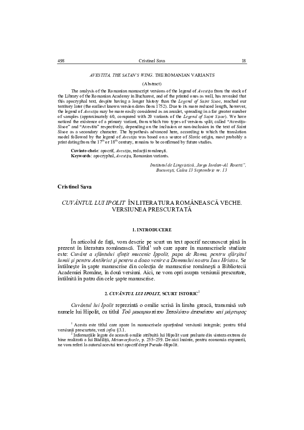 (PDF) Cuvantul lui Ipolit în literatura românească veche. Versiunea ...