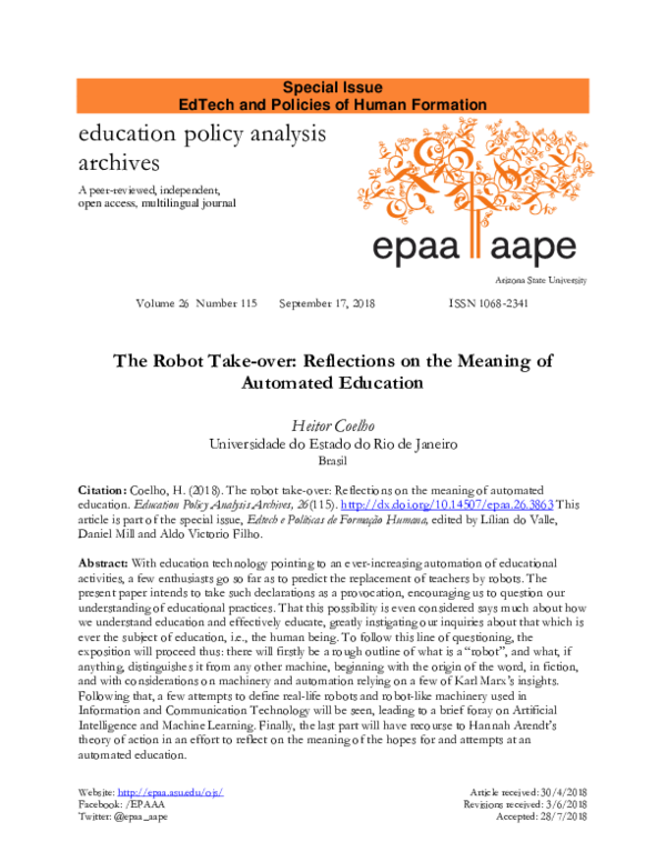 (PDF) Special Issue EdTech and Policies of Human Formation The Robot Take-over: Reflections on ...