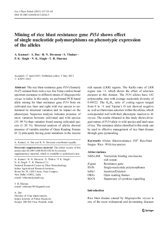 (PDF) Mining of rice blast resistance gene Pi54 shows effect of single ...