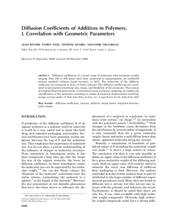(PDF) Diffusion Coefficients of Additives in Polymers. I. Correlation ...