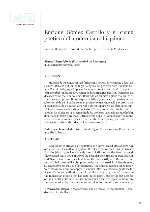 (PDF) Enrique Gómez Carrillo y el cisma poético del modernismo hispánico