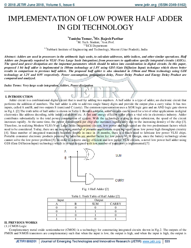 Pdf Implementation Of Low Power Half Adder In Gdi Technology