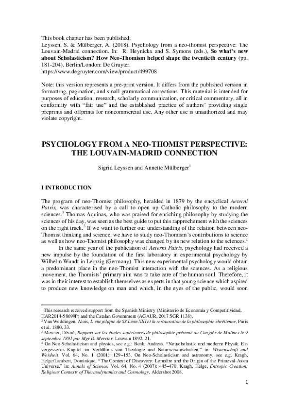 (PDF) Psychology from a Neo-Thomist Perspective: The Louvain-Madrid ...