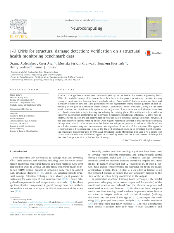 (PDF) 1-D CNNs for structural damage detection: Verification on a structural health monitoring ...