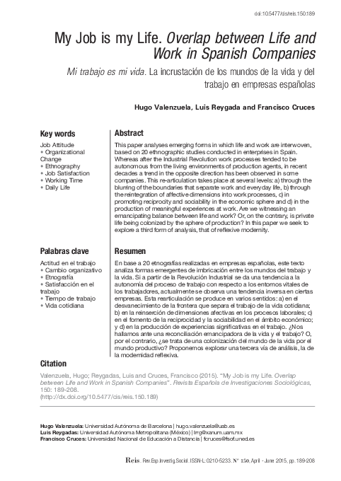(PDF) "My Job is my Life. Overlap between Life and Work in Spanish ...