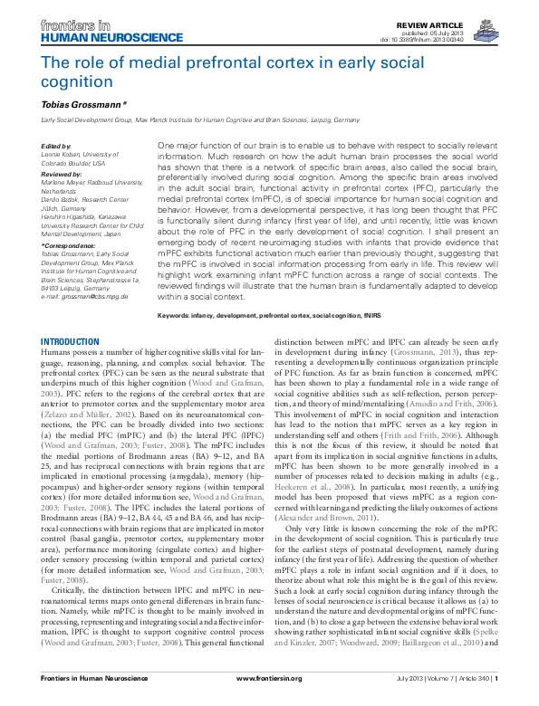 (PDF) The role of medial prefrontal cortex in early social cognition