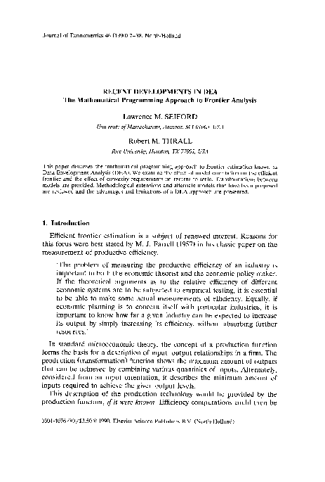 Pdf Recent Developments In Dea The Mathematical Programming Approach To Frontier Analysis 4332