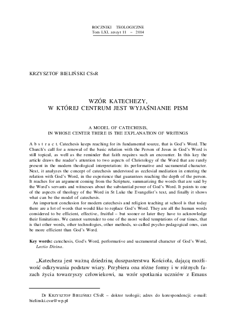 (PDF) K. Bielinski, Wzór katechezy, której centrum jest wyjaśnianie Pism / A Model of Catechesis ...