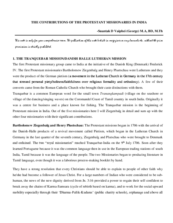 (DOC) THE CONTRIBUTIONS OF THE PROTESTANT MISSIONARIES IN INDIA