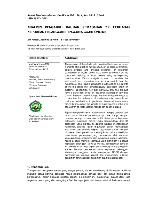 (PDF) ANALISIS PENGARUH BAURAN PEMASARAN 7P TERHADAP KEPUASAN PELANGGAN PENGGUNA GOJEK ONLINE