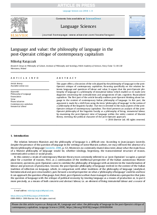 (PDF) Language and value: the philosophy of language in the post ...