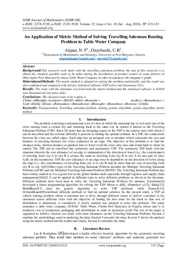 (PDF) An Application of Metric Method of Solving Travelling Salesman ... (PDF) An Application of Metric Method of Solving Travelling Salesman ...