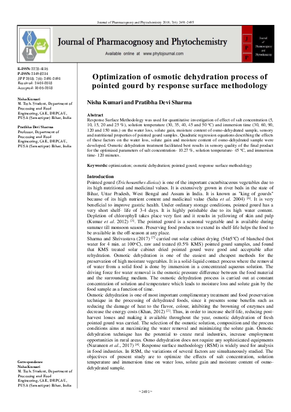 Pdf Optimization Of Osmotic Dehydration Process Of Pointed Gourd By Response Surface Methodology