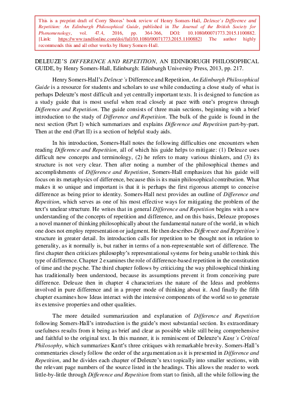 (PDF) Book Review. Henry Somers-Hall. Deleuze’s Difference and ...