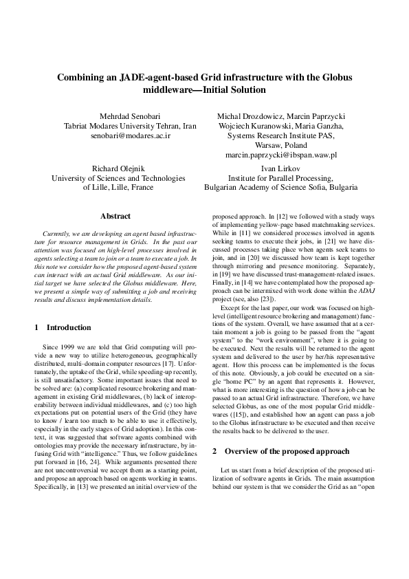 (PDF) Combining a JADE-Agent-Based Grid Infrastructure with the Globus Middleware Initial Solution