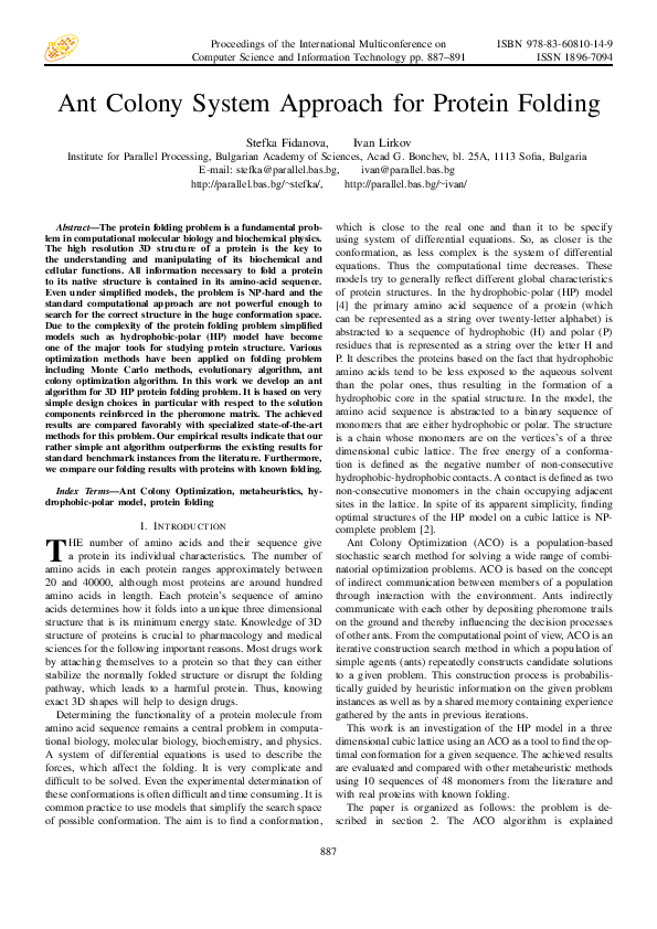 (PDF) Ant colony system approach for protein folding | Ivan Lirkov - Academia.edu