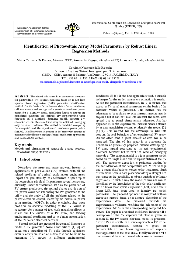 Pdf Identification Of Photovoltaic Array Model Parameters By Robust Linear Regression Methods