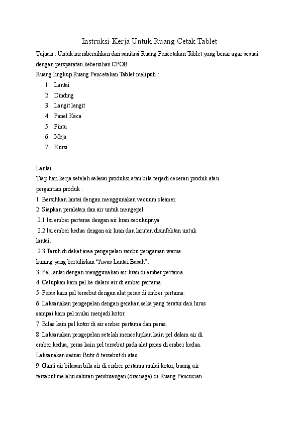 (DOC) Instruksi Kerja Untuk Ruang Cetak Tablet