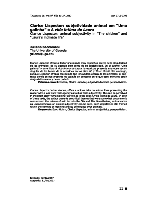 (PDF) Clarice Lispector: subjetividade animal em "Uma galinha" e A vida ...
