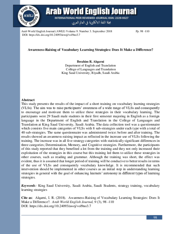 PDF Awareness Raising Of Vocabulary Learning Strategies Does It Make A Difference Arab pdf-awareness-raising-of-vocabulary-learning-strategies-does-it-make-a-difference-arab