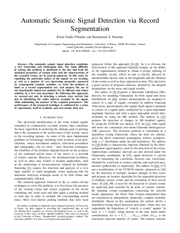 Pdf Automatic Seismic Signal Detection Via Record Segmentation Emmanouil Psarakis