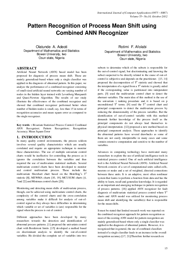 (PDF) Pattern Recognition of Process Mean Shift using Combined ANN Recognizer