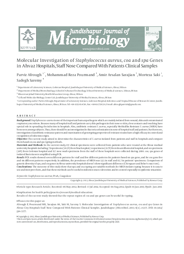 (PDF) Molecular Analysis of S. aureus Genes in Hospital Staff and Patients