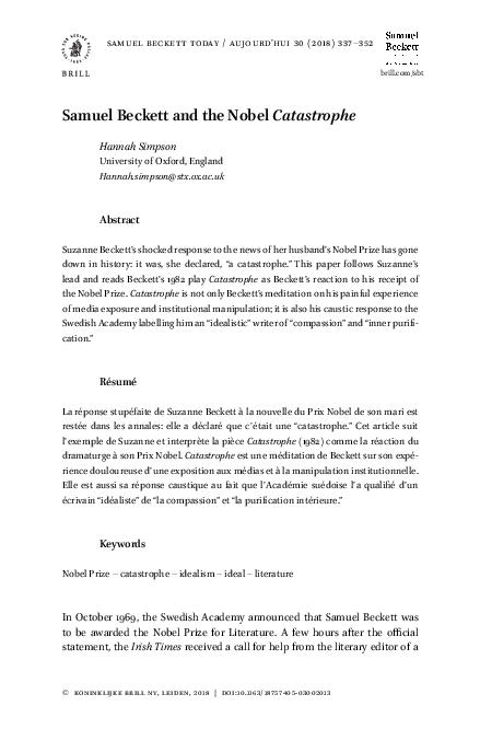 (PDF) Samuel Beckett and the Nobel Catastrophe (SBTA 30.2, 2018)