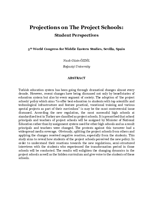 (PDF) Projections on The Project Schools: Student Perspectives