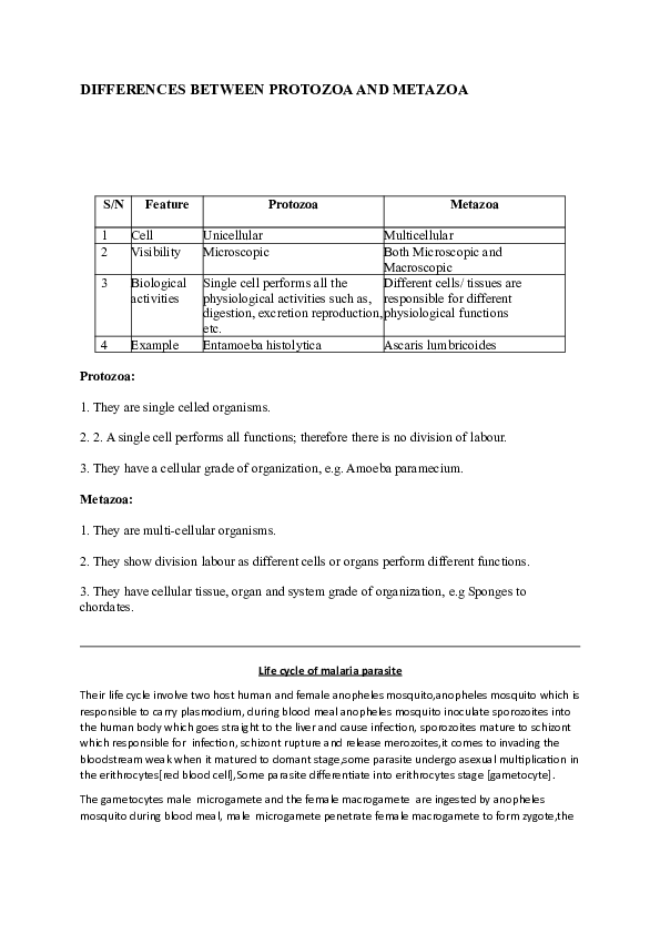 (DOC) DIFFERENCES BETWEEN PROTOZOA AND METAZOA