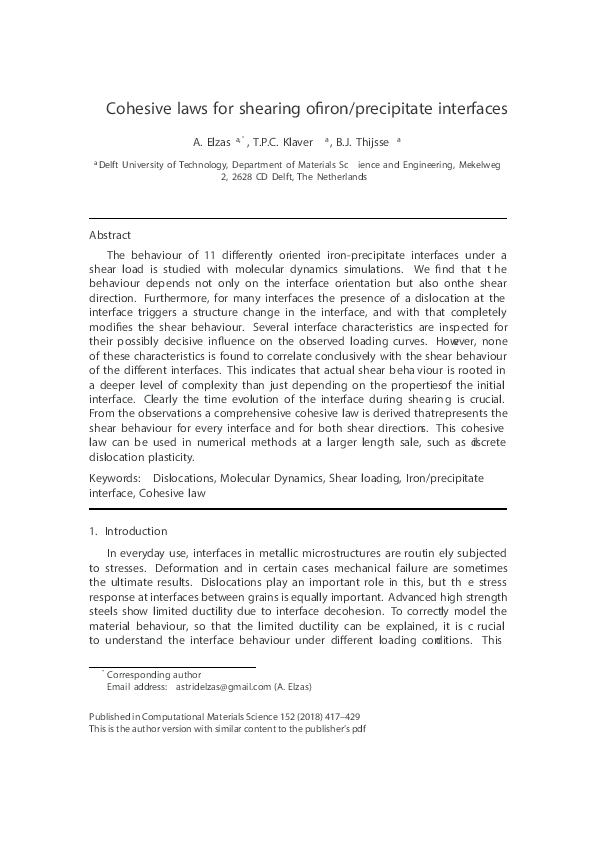 (PDF) Cohesive laws for shearing of iron/precipitate interfaces