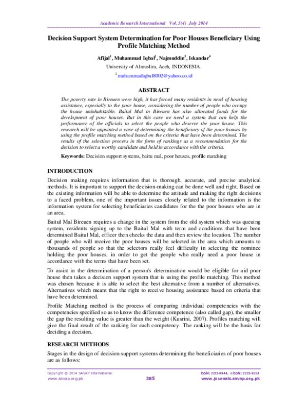 (PDF) Decision Support System Determination for Poor Houses Beneficiary Using Profile Matching ...