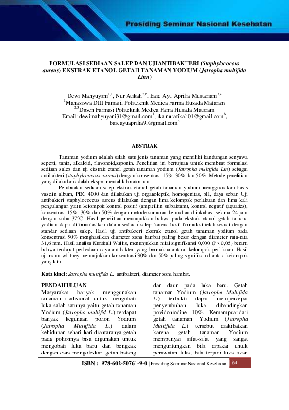 (PDF) FORMULASI SEDIAAN SALEP DAN UJIANTIBAKTERI (Staphylococcus aureus) EKSTRAK ETANOL GETAH ...