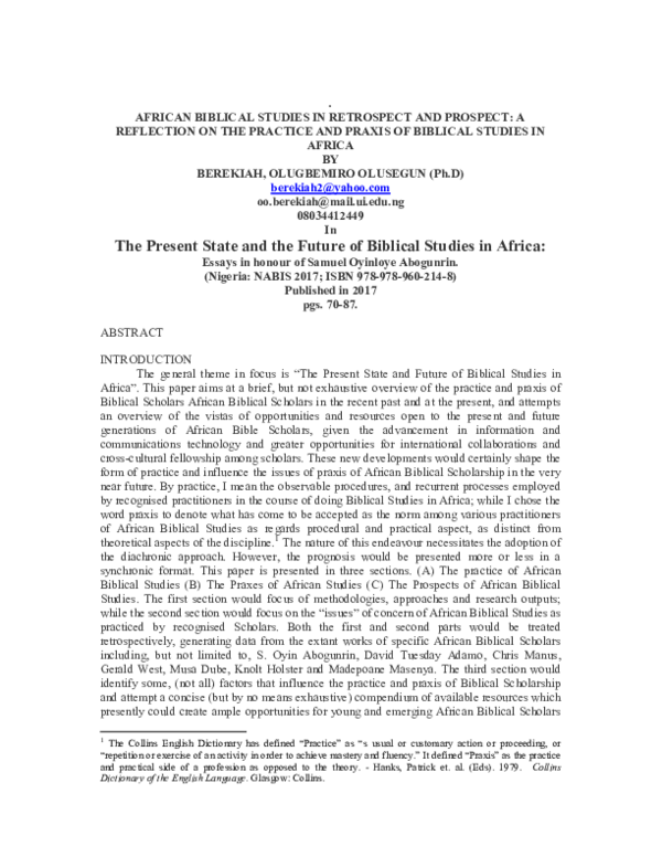 (PDF) AFRICAN BIBLICAL STUDIES IN RETROSPECT AND PROSPECT: A REFLECTION ...
