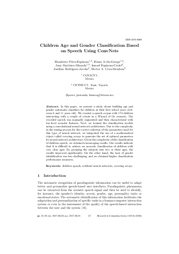 (PDF) Children Age and Gender Classification Based on Speech Using ConvNets
