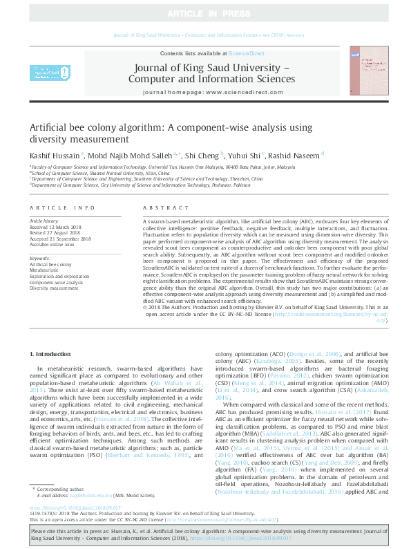 Pdf Artificial Bee Colony Algorithm A Component Wise Analysis Using Diversity Measurement