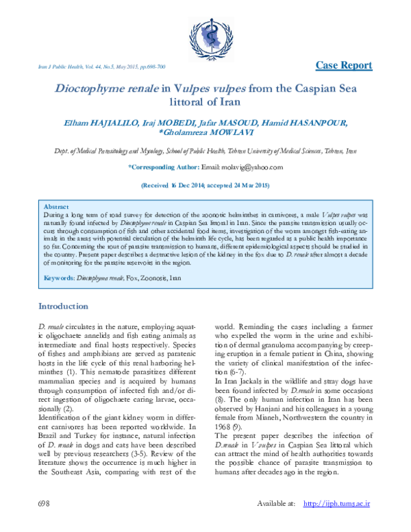(PDF) Dioctophyme renale in Vulpes vulpes from the Caspian Sea littoral ...