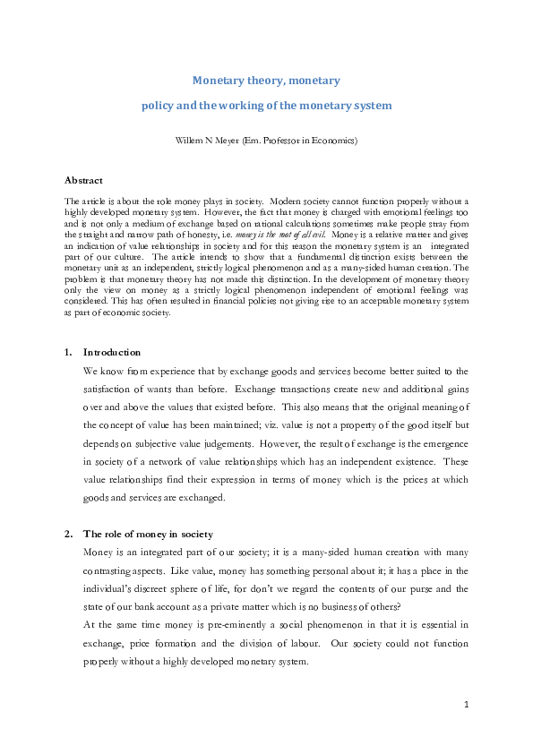 (DOC) Monetary theory, monetary policy and the working of the monetary ...